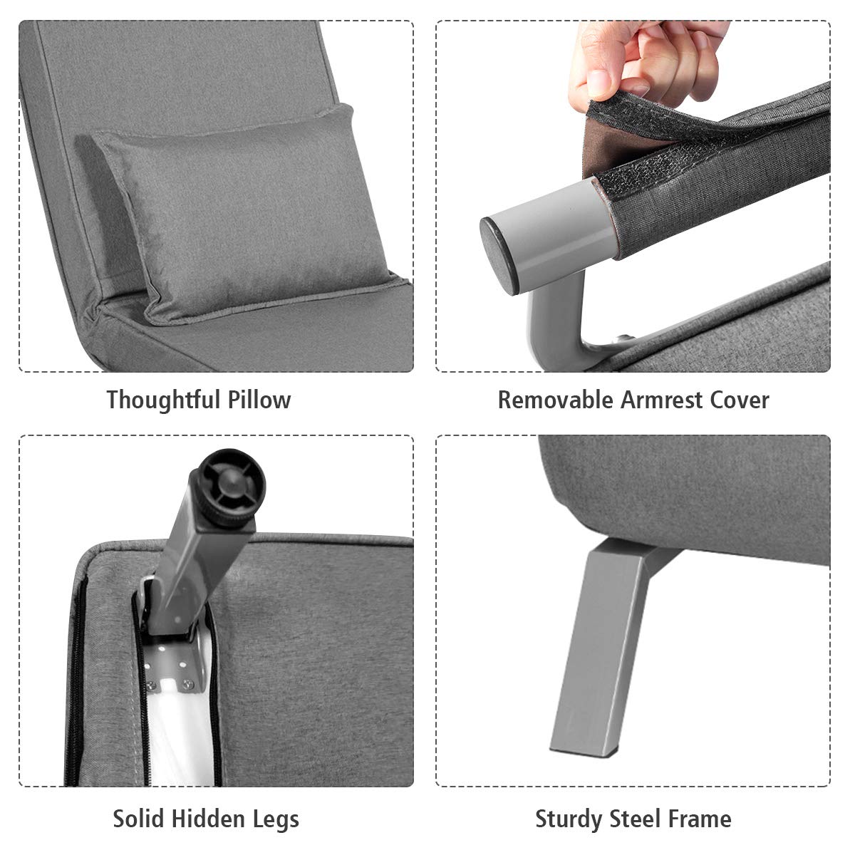 Giantex Convertible Sofa Bed Sleeper Chair, 5 Position Adjustable Backrest, Folding Arm Chair Sleeper w/Pillow, Upholstered Seat, Leisure Chaise Lounge Couch for Home Office (Gray)