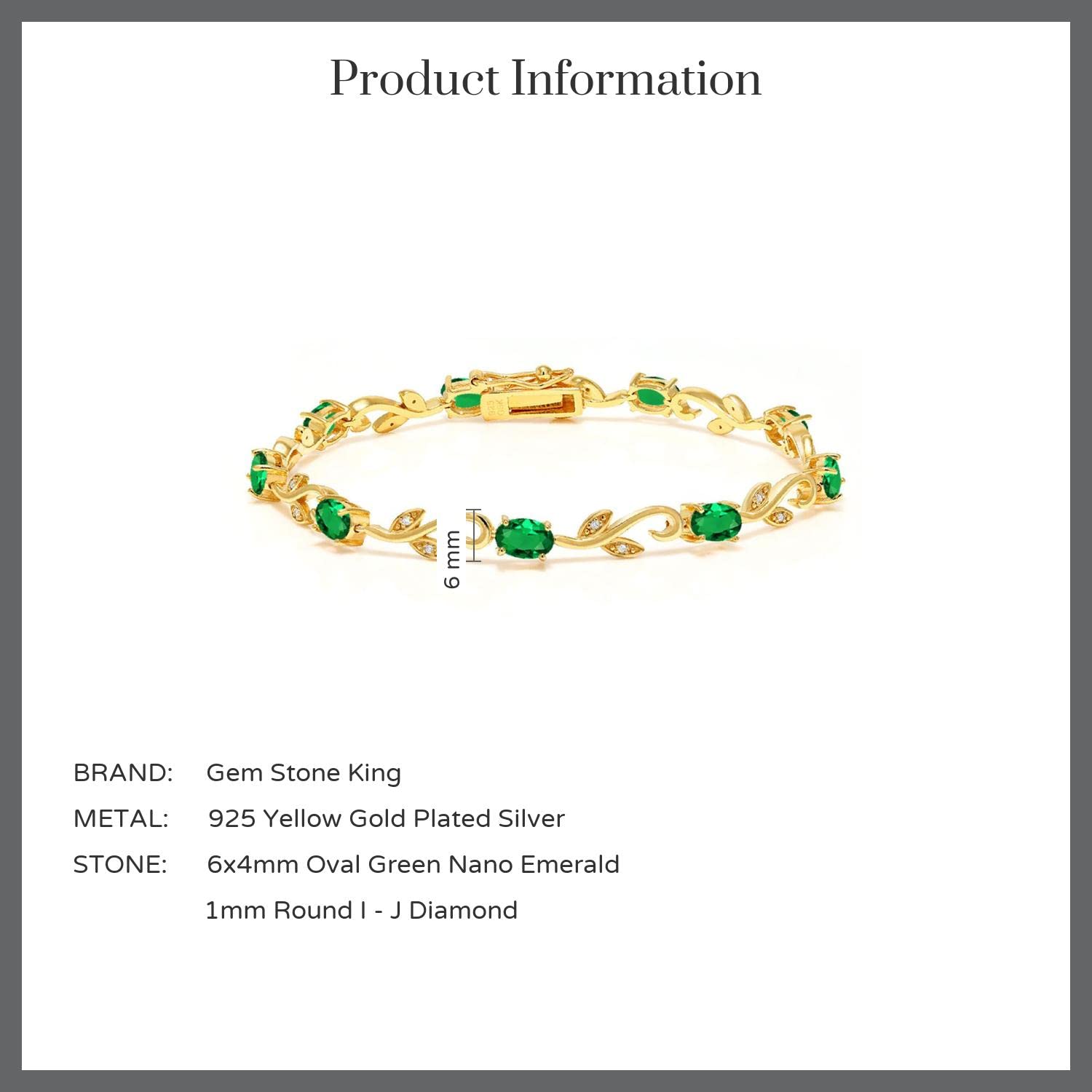 Gem Stone King 18K Yellow Gold Plated Silver Simulated Emerald Diamond Greek Vine 7 Inch Tennis Bracelet For Women