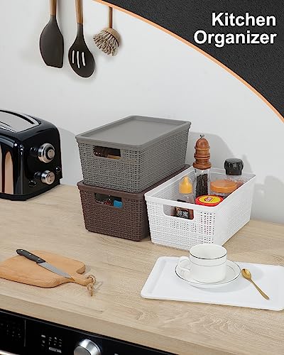 EOENVIVS Plastic Storage Baskets with Lids Lidded Storage Bins Pantry Organization and Storage Containers Organizer Bins for Shelves Drawers Desktop Closet Playroom Classroom Office,White