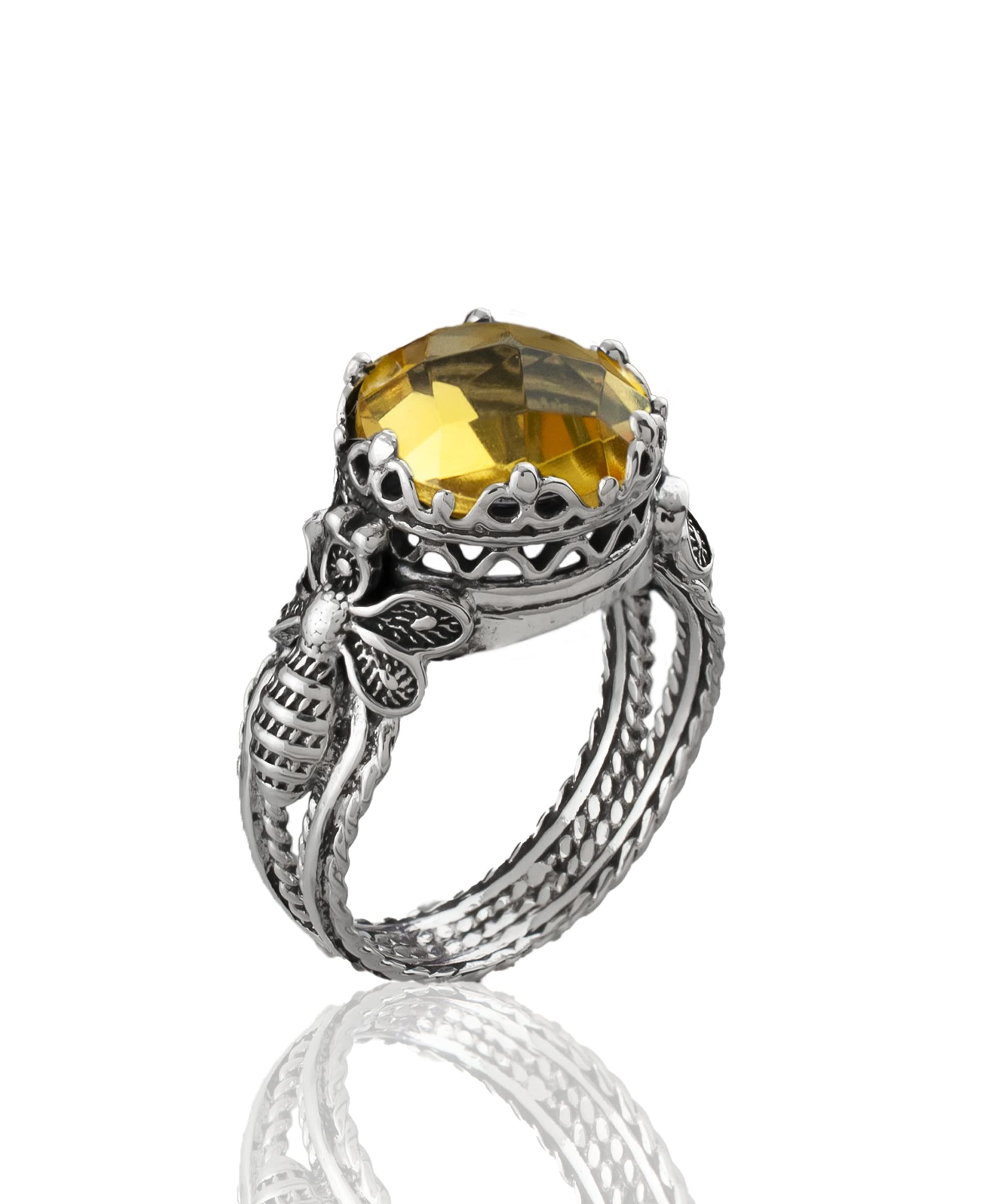 Filigranist 925 Sterling Silver Filigree Art Queen Bee Detailed Gemstone Women Cocktail Ring, Luxurious Gift Boxed (Citrine, 6)