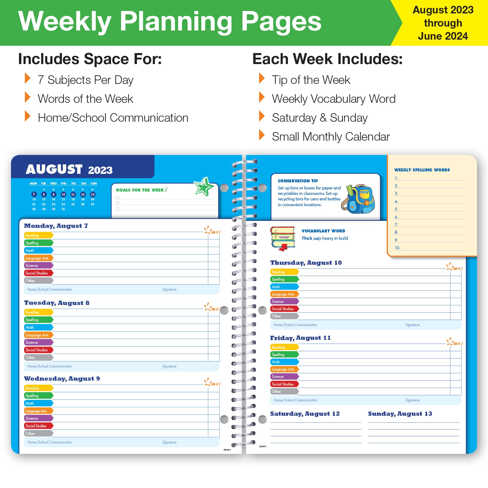Global Datebooks Dated Elementary Student Planner for Academic Year 2023-2024 Includes Ruler/Bookmark and Planning Stickers (Block Style - 8.5"x11" - Space)