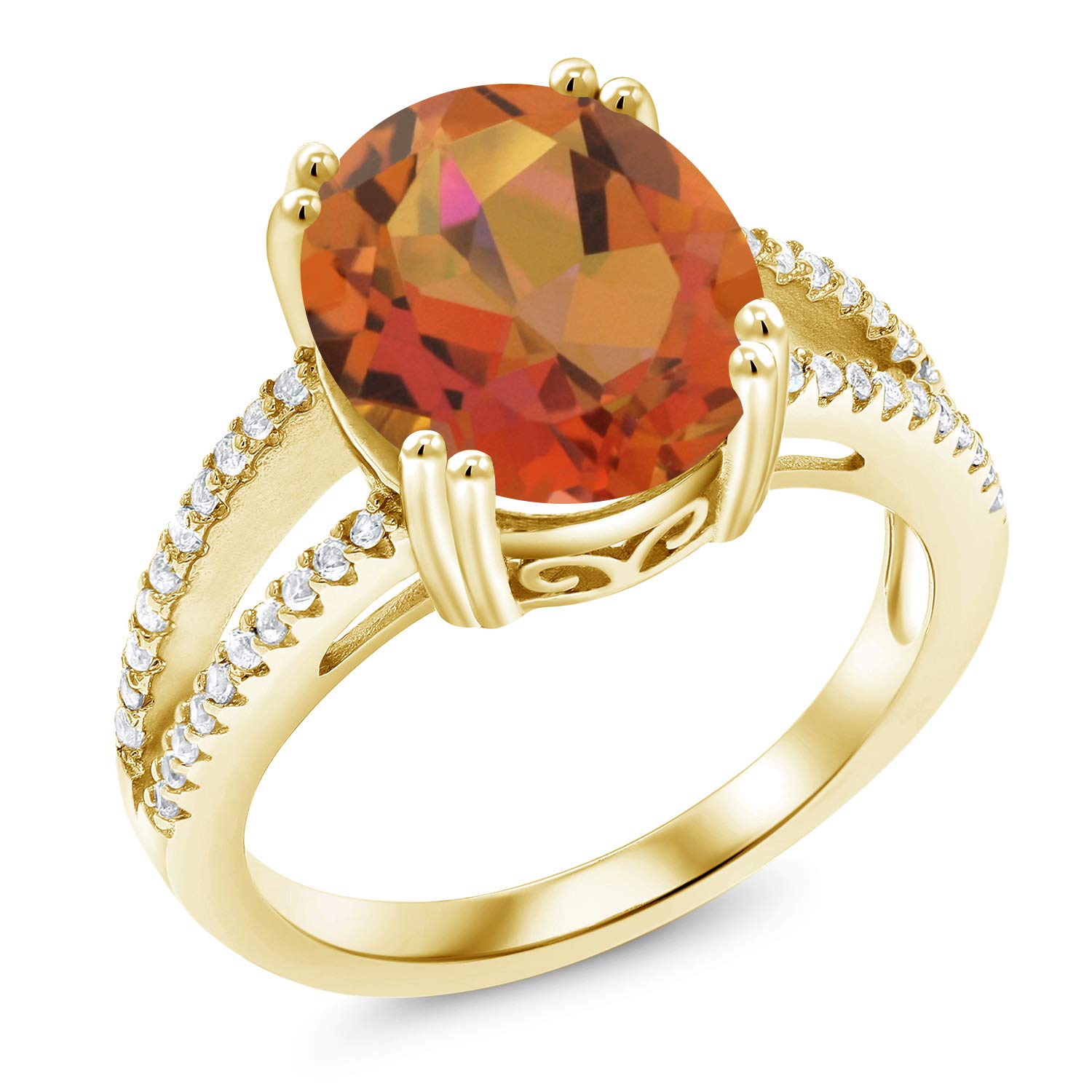 Gem Stone King 18K Yellow Gold Plated Silver Twilight Orange Mystic Quartz Ring For Women (4.48 Cttw, Oval 12X10MM, Gemstone Birthstone, Available In Size 5, 6, 7, 8, 9)