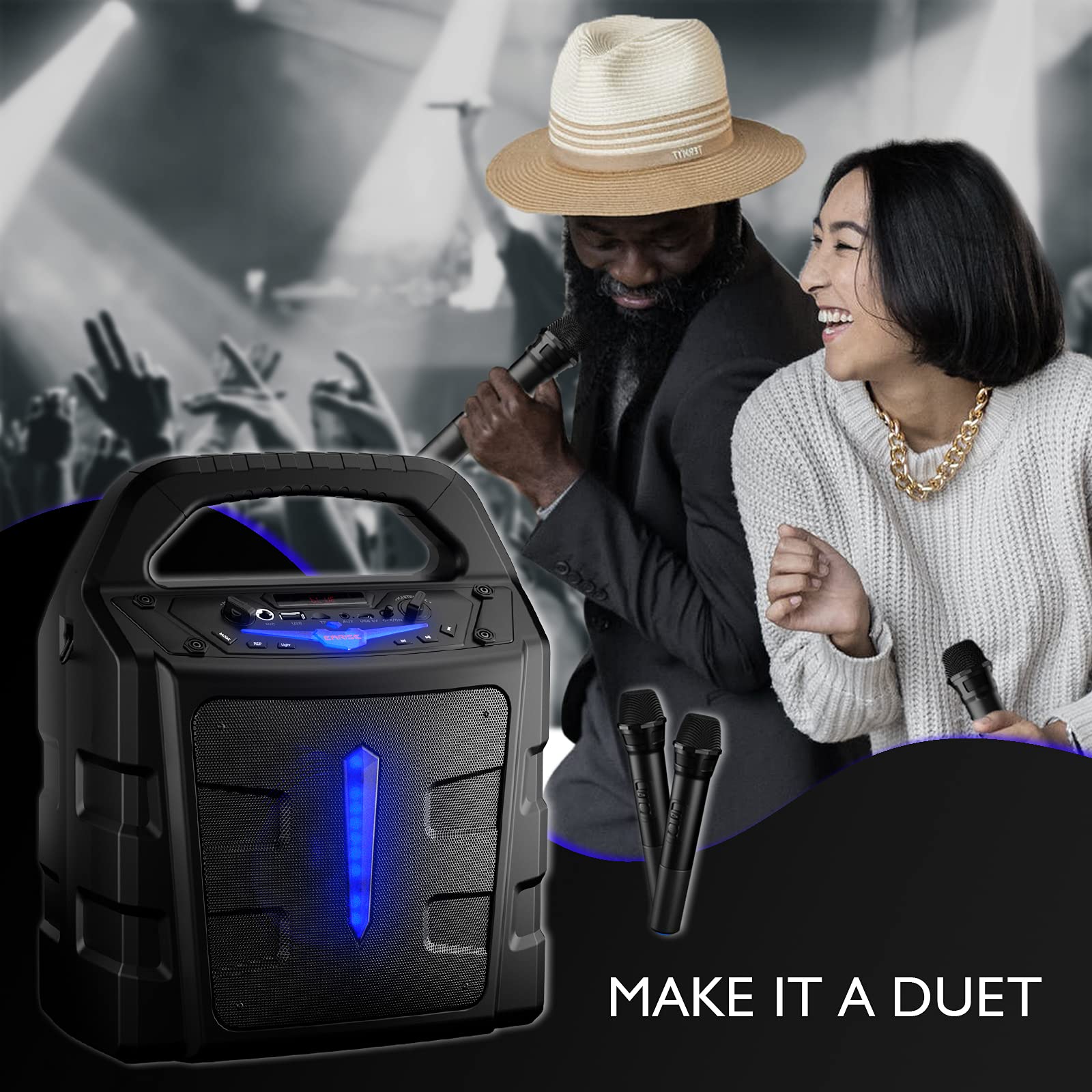 EARISE Vigorowl T65 Portable PA System with 2 Rechargeable Batteries, 30W Powerful Nonstop Playing Speaker, Bluetooth Karaoke Machine with 2 Microphones, for Outdoors and Indoors