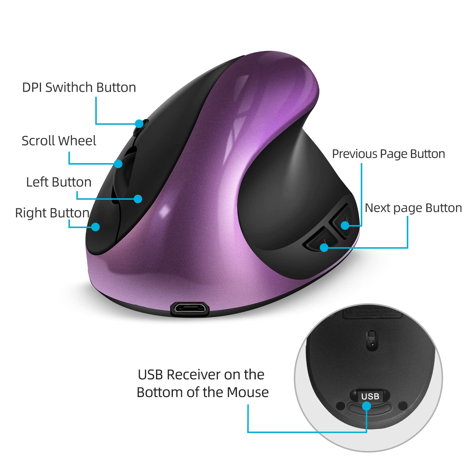 Woddlffy Ergonomic Mouse Wireless,Rechargeable Vertical Mouse Right Handed Small Mouse with 6 Buttons 1000/1200/1600 for Laptop,Desktop,PC, MacBook(Purple