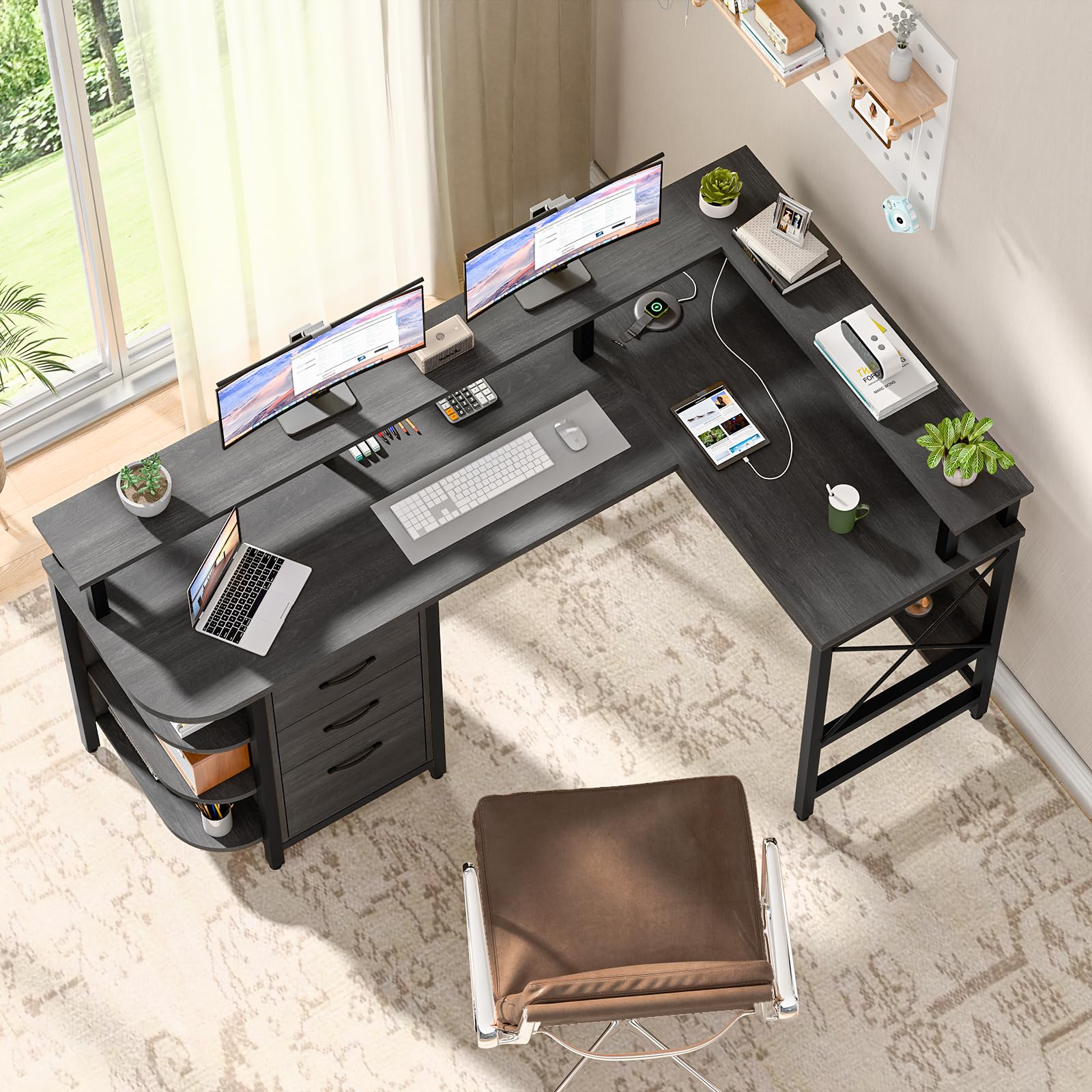 Vabches 67" L Shaped Computer Desk with LED Lights and Power Outlets, Reversible L Shaped Gaming Desk with 3 Drawers Hutch Monitor Stand, Home Office Desk with USB Port