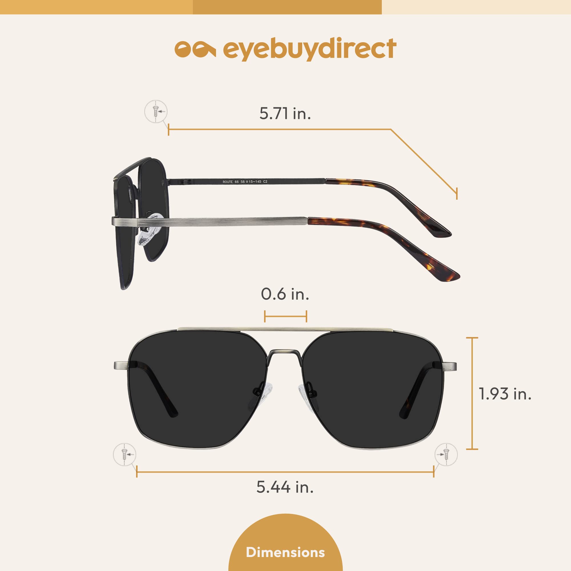 EYEBUYDIRECT Aviator Sunglasses for Women and Men, Scratch-Resistant Sunglasses for Women and Men with UV Protection, Non-Polarized, Route 66 - Large