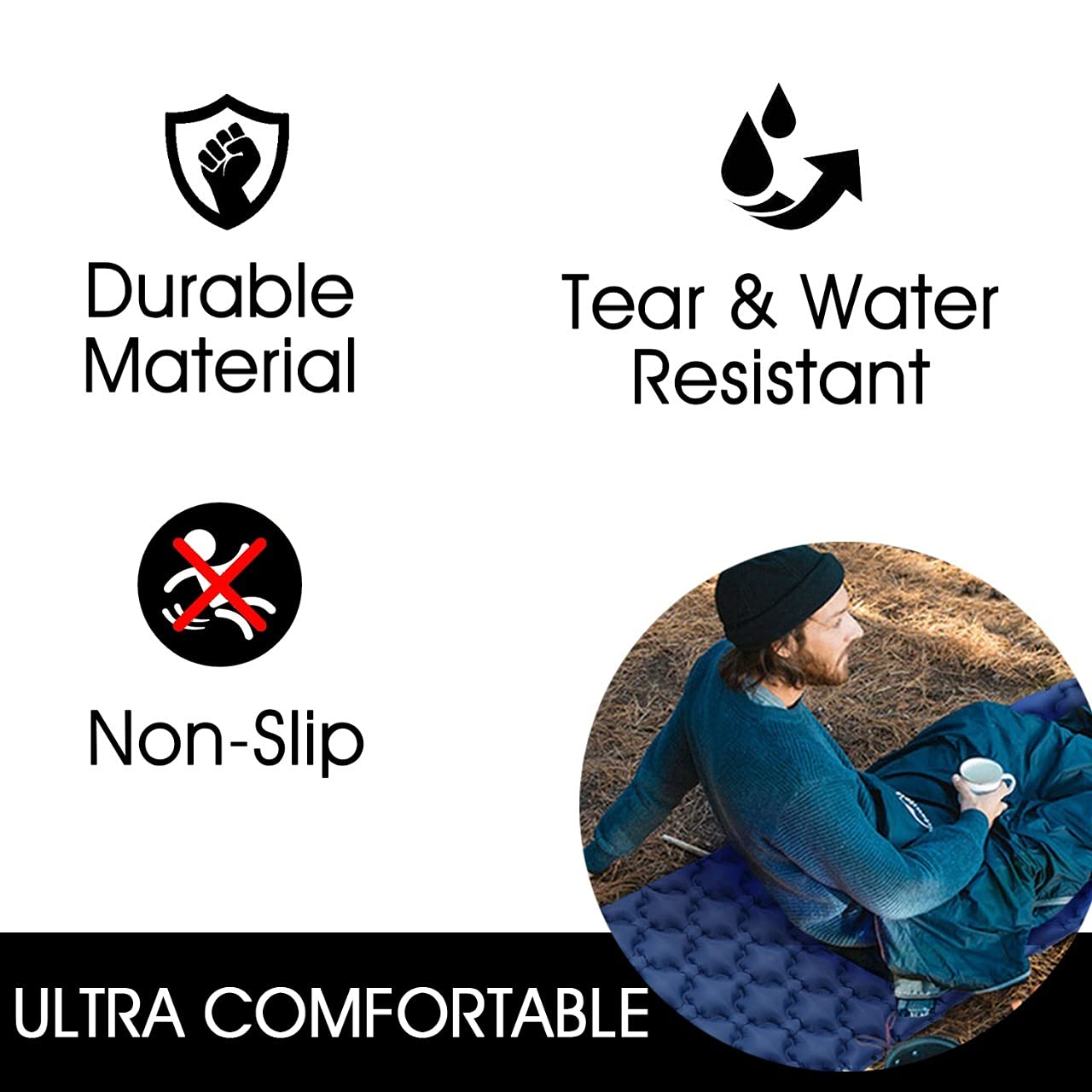 ElloGear Camping Self-Inflating Air Sleeping Pad Mat Foot Pump with Pillow, Great Compact Air Sleeping Pad for Tent Travel, Backpacking, Hiking, Sleeping Over (Navy)
