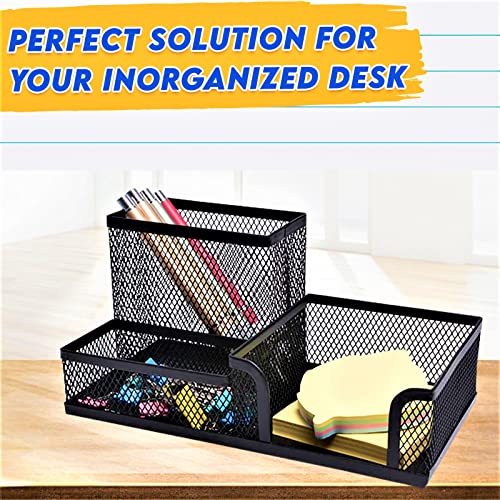 SAWYBISH 2 Pack 3 in 1 Mesh Pen Holder for Desk, 3 Compartments Pencil Holder Desk Organizer Caddy with Sticky Notes Holder Easy Storage Suitable for Home, Office and School
