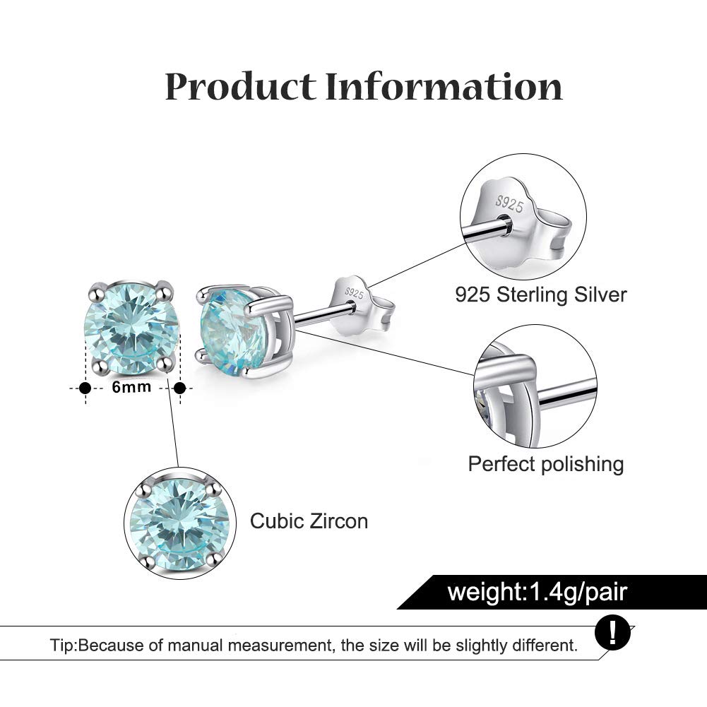 Fereendo 925 Sterling Silver Birthstone Stud Earrings Round Cut Aquamarine Cubic Zircon Birthstone Earrings Studs March Birthday Jewelry Gift for Women