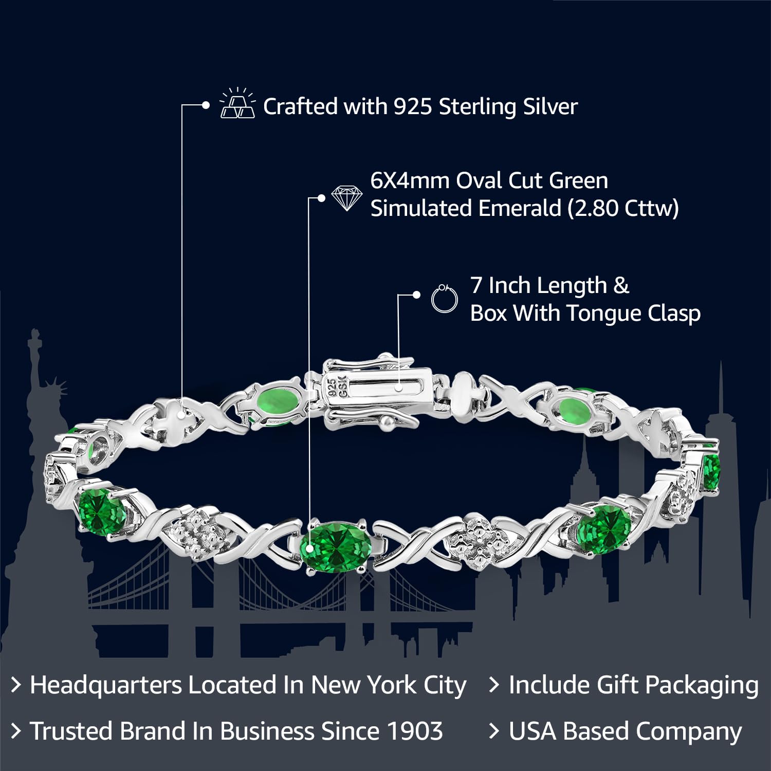Gem Stone King 925 Sterling Silver Green Simulated Emerald Tennis Bracelet For Women (2.80 Cttw, Gemstone Birthstone, Oval 6X4MM, 7 Inch)
