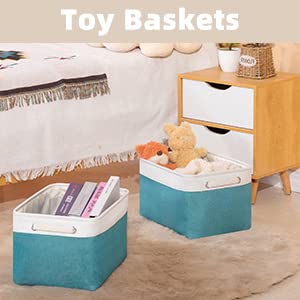 HNZIGE Fabric Storage Baskets for Shelves,Foldable Storage Baskets for Organizing(3 Pack),Rectangular Shelf Storage Bins for Shelves, Closets, Nursery, Home, Office, Empty Gift Baskets(Teal White)