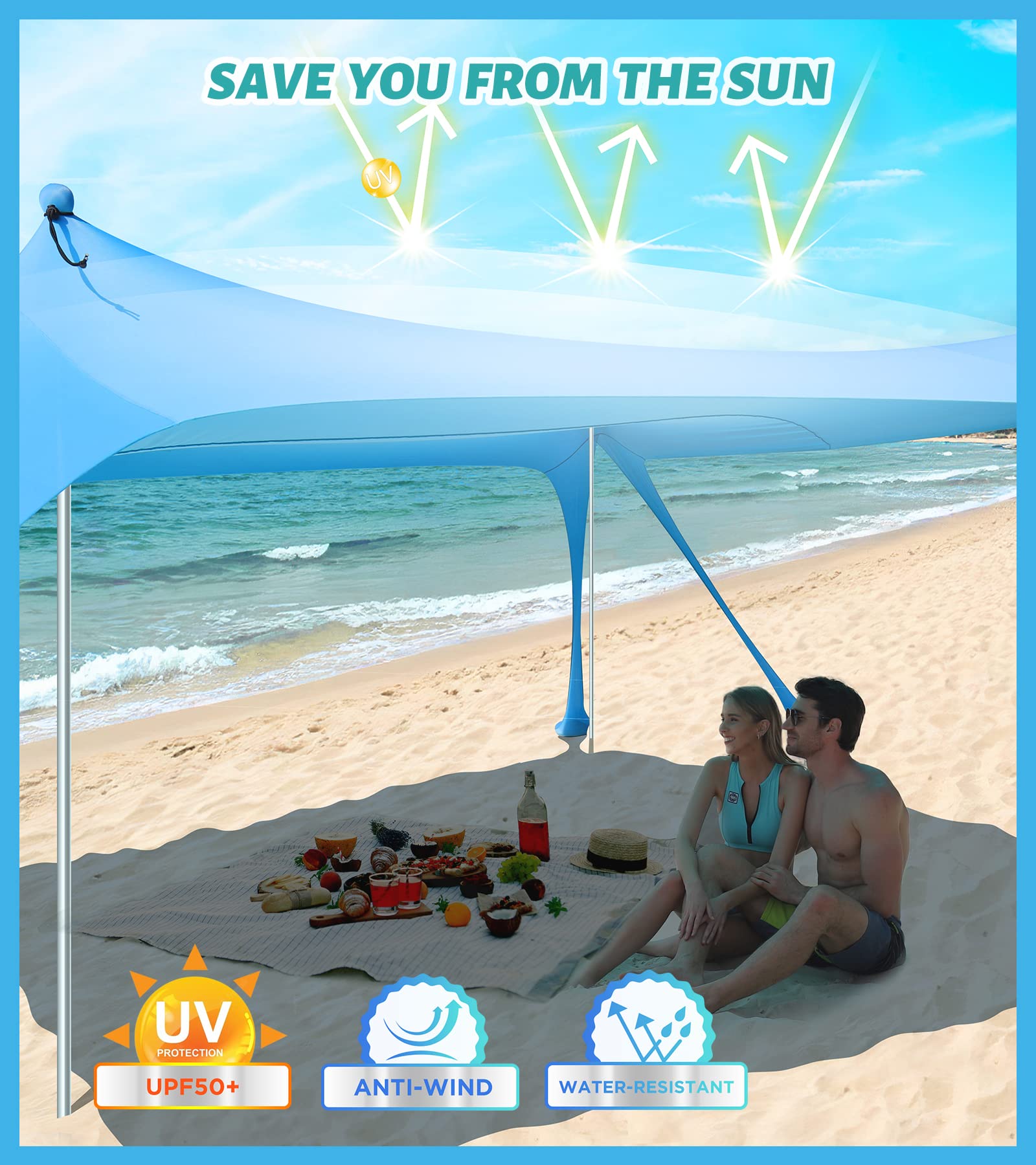 EYEFAME UPF50+ Anti-Wind Beach Tent with Sandproof Private Beach Wind Screen, Stable 8 Sandbags Design Beach Canopy Sun Shade with Carrying Bag, Portable Easy Assemble Sun Shelter for Outdoor Camping
