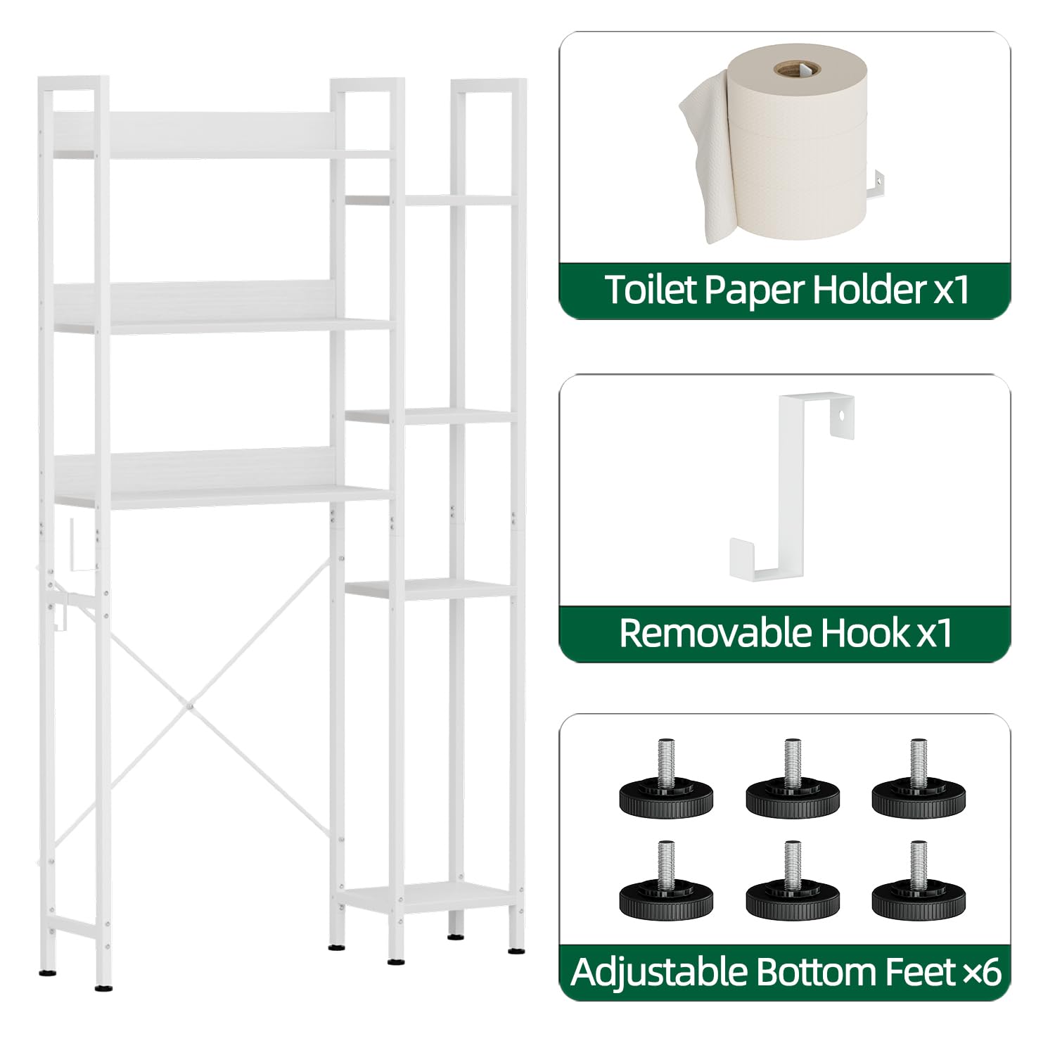 OTK Over-The-Toilet Storage with 7-Tier Bathroom Organizer Shelf, Side Storage Open Shelf, Freestanding Space Saver with Hooks & Adjustable Feet, Toilet Rack for Bathroom, Restroom, Laundry, White