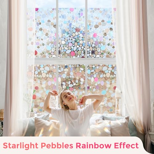 Rainbow Window Privacy Film 3D Decorative Stained Glass Window Film Sun UV Blocking Home Window Tint Non-Adhesive Static Cling Bathroom Door Window Coverings Glass Decals Windows Stickers,17.5*78.7 In