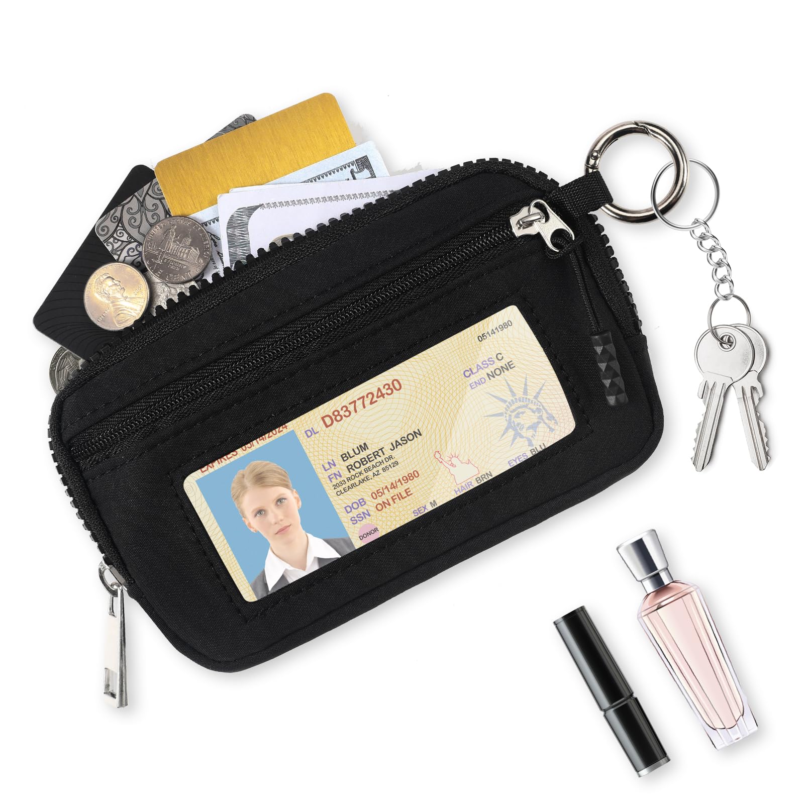 MINKARS Keychain Wallet, (The Iris Wallet), Zip Card Case with ID Window, Pink