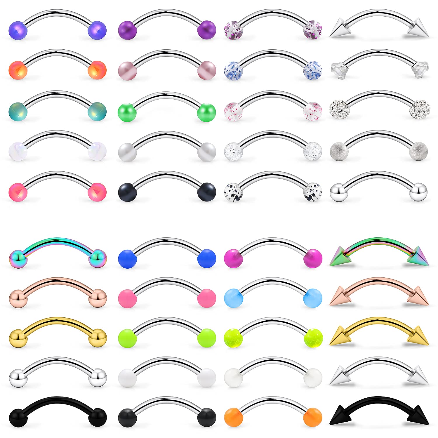 Dyknasz 40Pcs 16G Surgical Steel Daith Rook Earring 8mm 5/16" Curved Barbell Eyebrow Rings Belly Button Ring Piercing Jewelry for Women Men