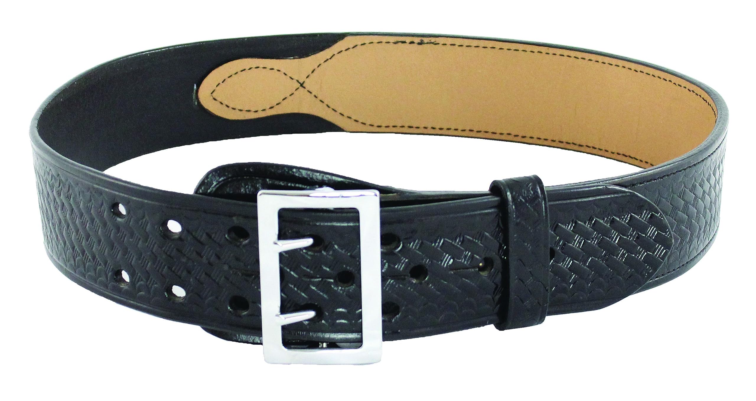 First Class Leather Sam Browne Duty Belt Police, Sheriff, and Security Half Leather-Lined, 2-1/4" Width Plain and Basketweave Duty Belt (36, Nickel Sam Browne Basketweave)