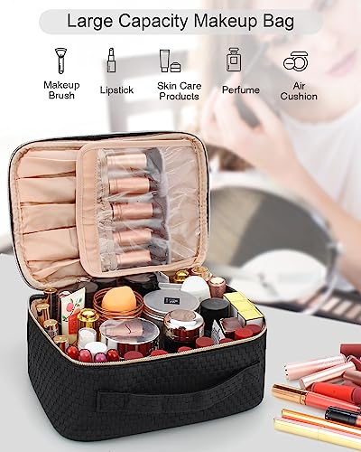 Relavel Travel Makeup Bag, Large Cosmetic Organizer Case Travel Toiletry Storage Train Case for Women and Girls, with Brush Compartment and Easy to Clean Lining, Black