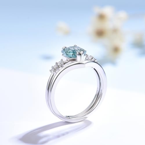 ITI KUOLOLIT 1.5ct Natural Moss Agate Ring Sterling Silver Hexagon Shaped Engagement Ring Green Agate Promise Wedding Rings for Women (Moss Agate-White, 7)