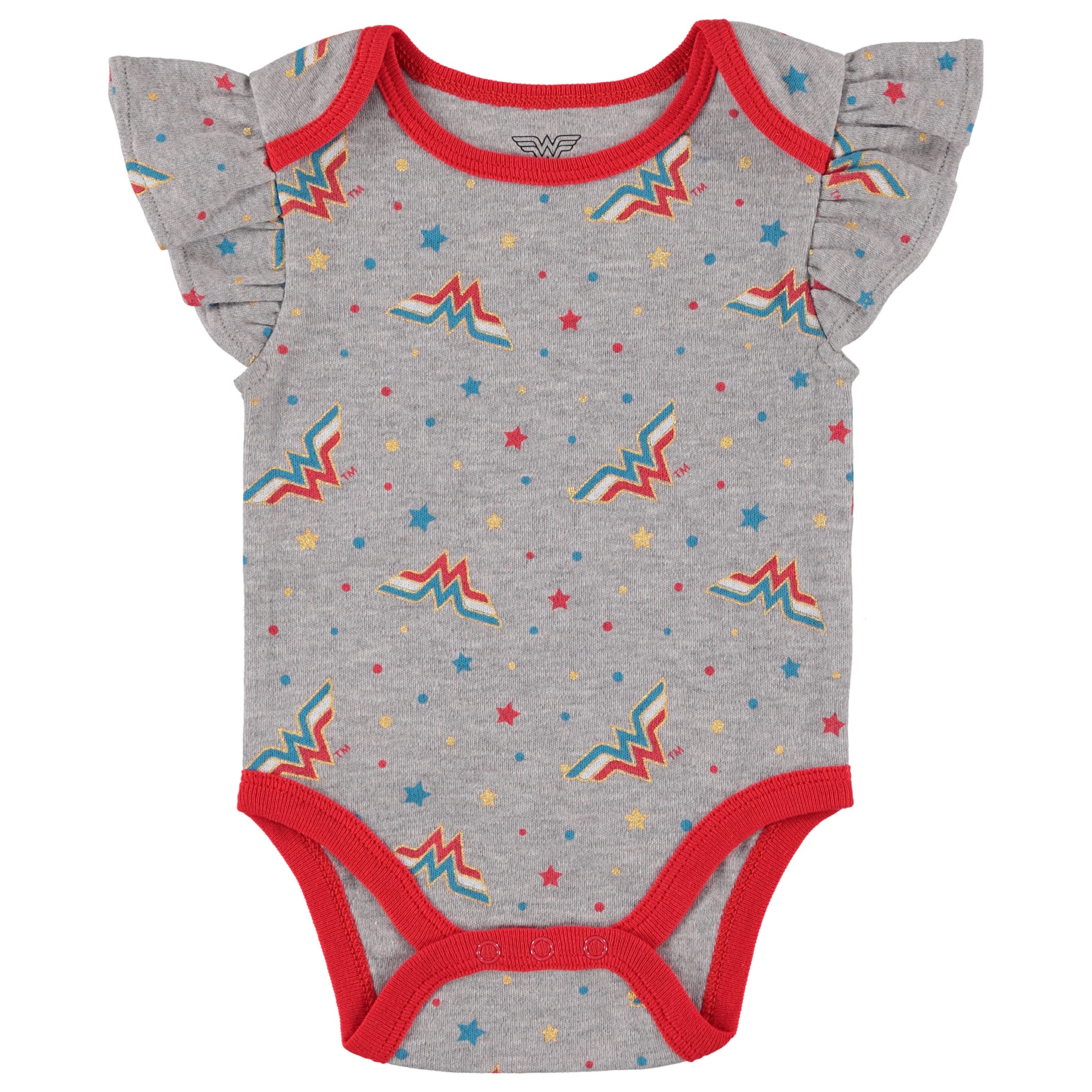 Wonder Woman Newborn Girls 3 Pack Bodysuits (Red/Blue/Grey, 3-6 Months)