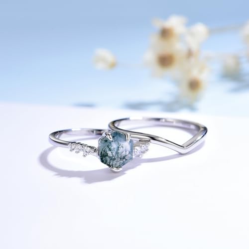ITI KUOLOLIT 1.5ct Natural Moss Agate Ring Sterling Silver Hexagon Shaped Engagement Ring Green Agate Promise Wedding Rings for Women (Moss Agate-White, 8)