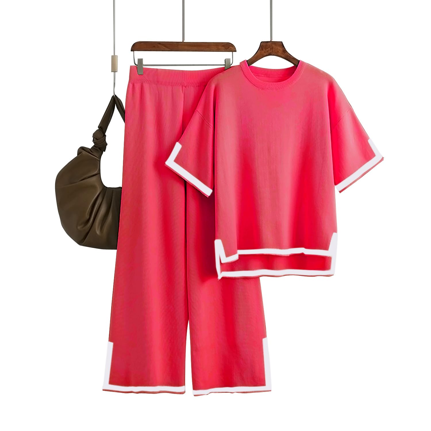 FuQiBasics Womens Knit 2 Piece Sweater Sets Short Sleeve Pullover Tops Elastic Waist Wide Leg Pants Lounge Set (Rose Medium)