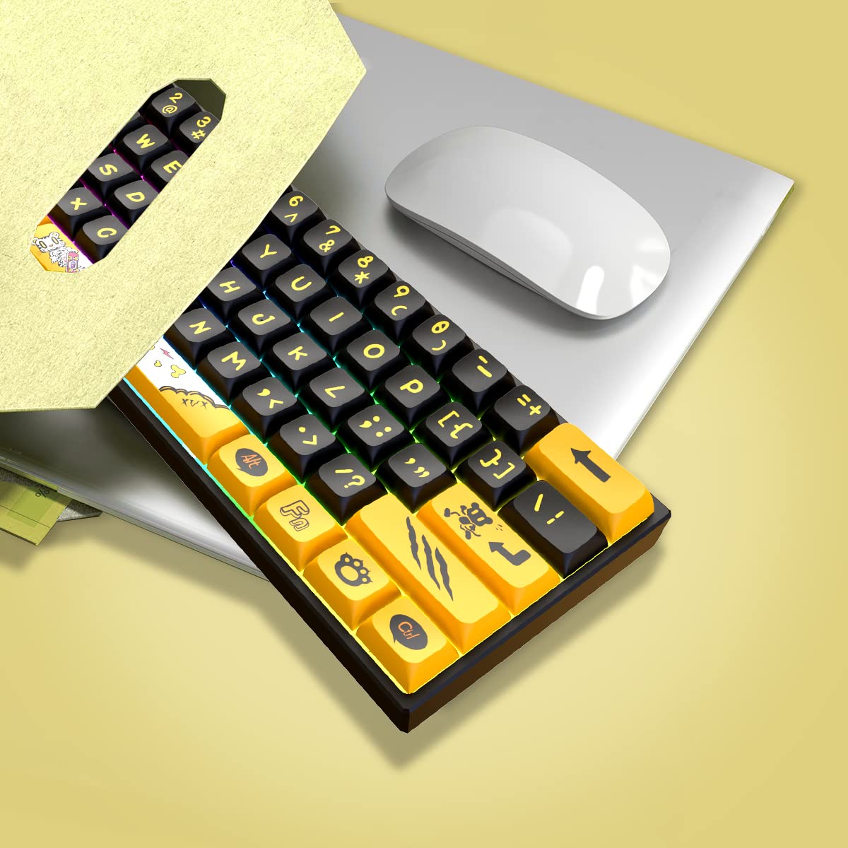 Hkfos M61 Tiger Keyboard Children's Mechanical Keyboard Wired 2.4G Wireless Gaming Keyboard Gateron Yellow Switch, RGB Backlit Ergonomic Keyboard for Windows Mac PC Gamers