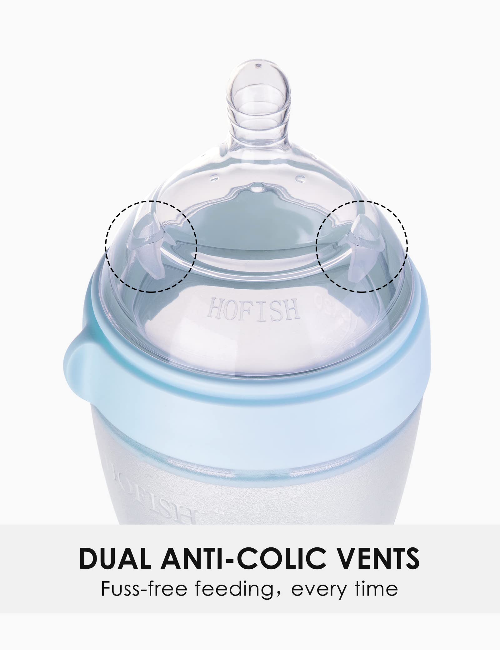 HOFISH Silicone Baby Bottle, Anti-Colic, Natural Feel, Easy to Clean Blue, 5 Ounce for 0-6m