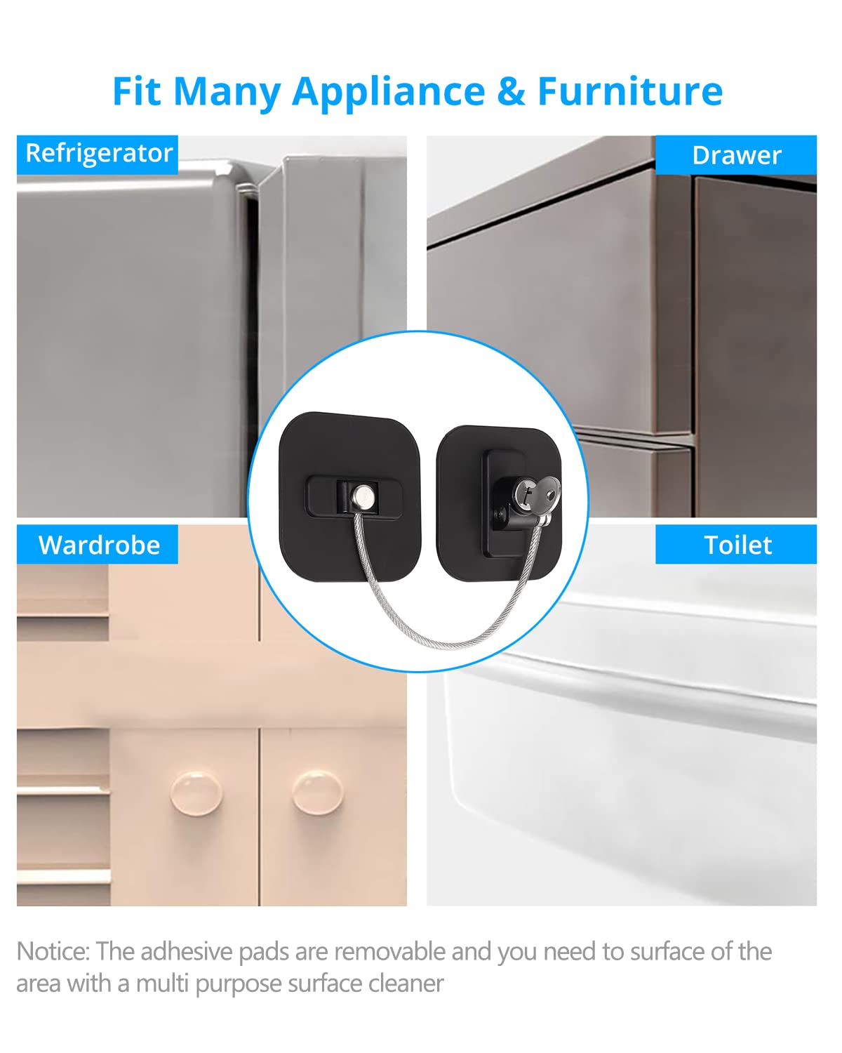 eSynic Refrigerator Locks, 4 Pack Fridge Lock with Keys Child Safety Cabinet Locks with Strong Adhesive Safety Locks Set for Appliances Kitchen Cabinets Fridge Door Refrigerator Cabinet Drawer Black