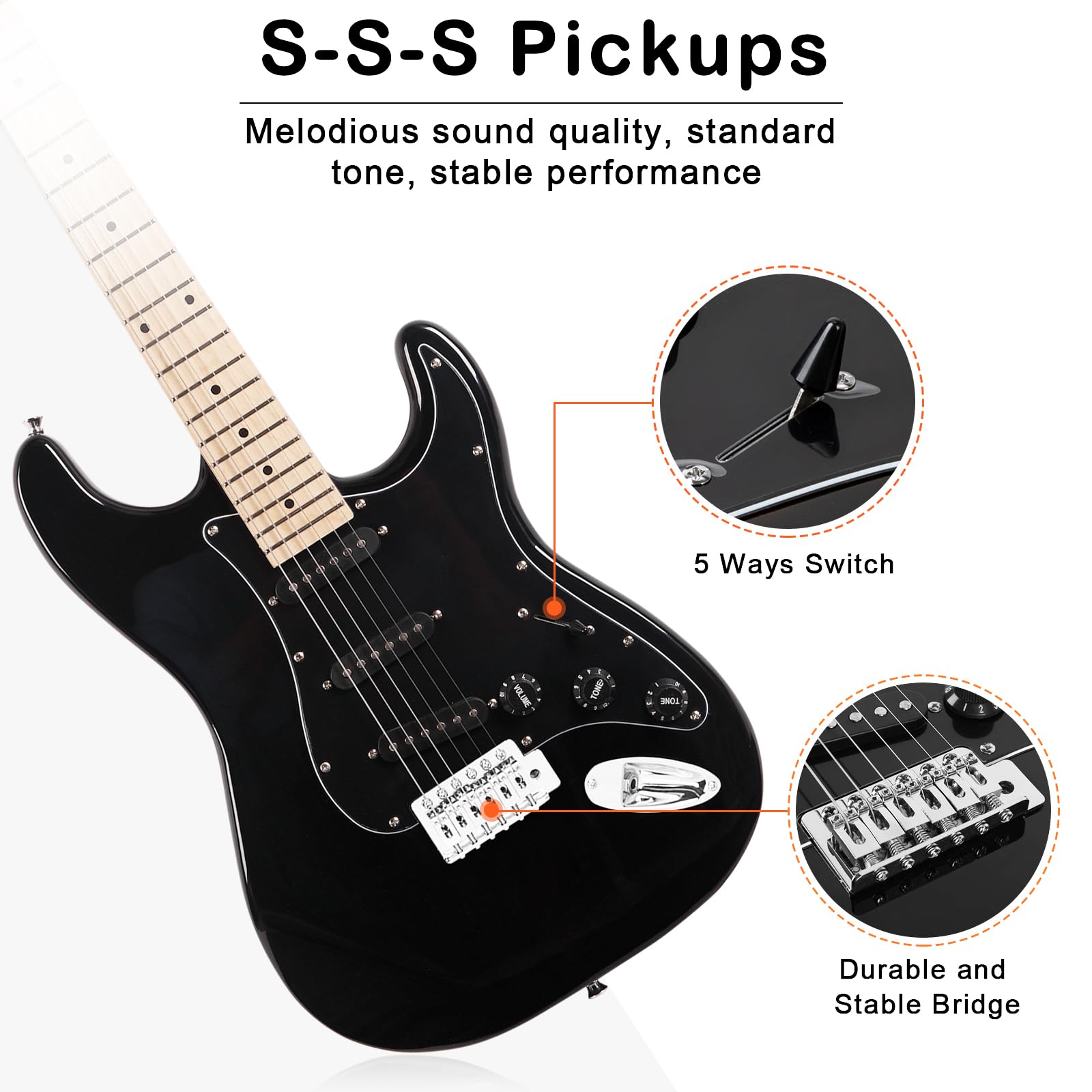 Ktaxon 39 Inch Electric Guitar with Amp, Full Size 6 String SSS Pickups Electric Guitars Kit W/Accessories Guitar Strap, Plectrum, Gig Bag, Tremolo Bar for Beginner (White)