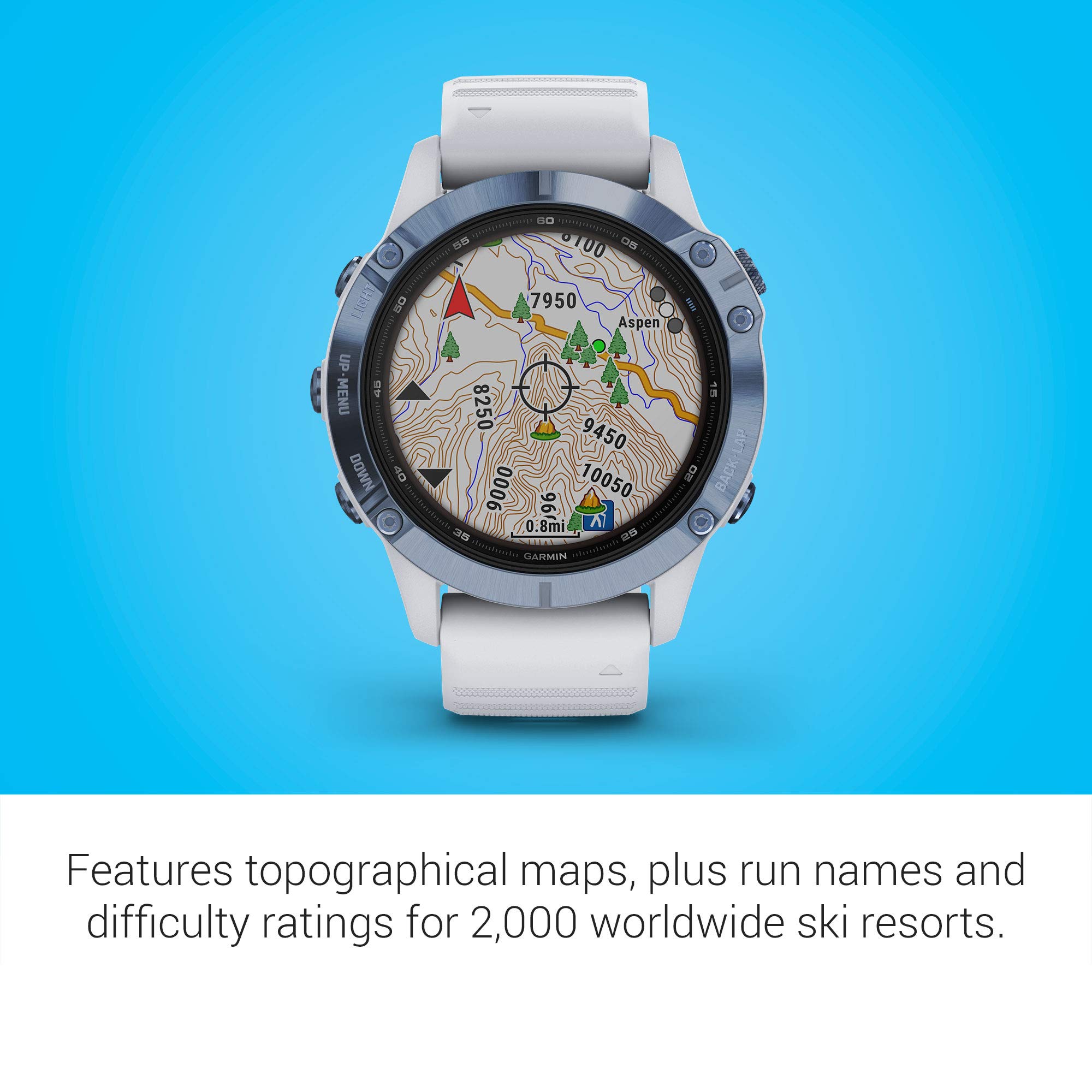 Garmin fenix 6 Pro Solar, Multisport GPS Watch with Solar Charging Capabilities, Advanced Training Features and Data, Mineral Blue with White Band