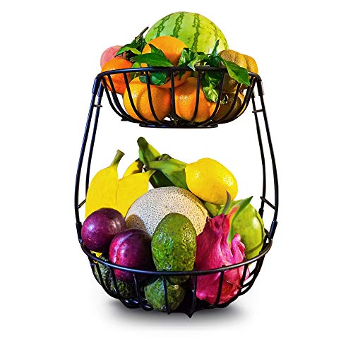 Kitchen Fruit Basket Stand 2 Tier ā Tiered Fruits, Vegetable Holder for Kitchen Countertop Modern ā Produce Storage Organizer, Fruit Bowl, Snack Rack, Screws Free Design Produce Bin - Black