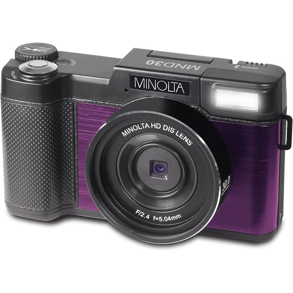 Minolta MND30-P 30MP 2.7K Ultra HD 4X Zoom Digital Camera (Purple) Bundle with Deco Photo Point and Shoot Field Bag Camera Case (Black/Red)