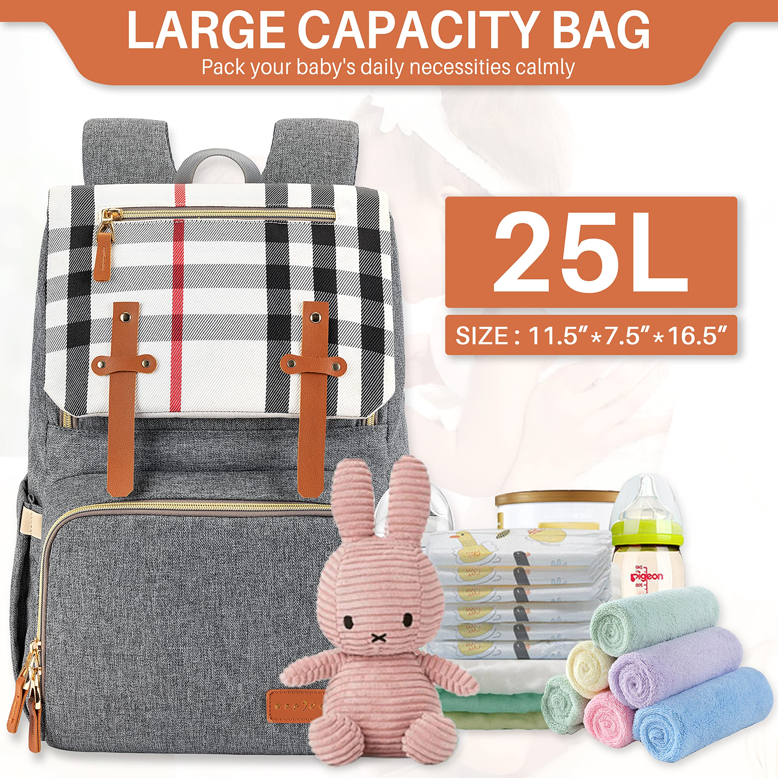 espidoo Diaper Bag Backpack, Large Capacity Multi-Function Waterproof Maternity Nappy Bags Changing Bags with Insulated Pockets and Stroller Straper for Mom Dad Travel Gear, Light Grey with Plaid