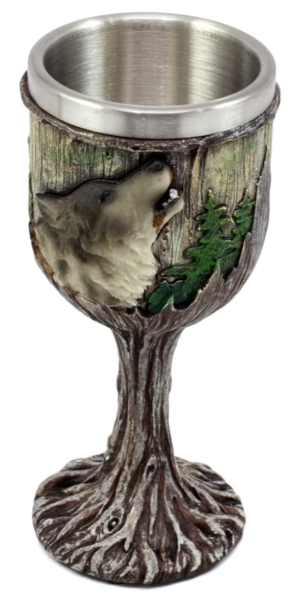 Ebros Gift Mystical Howling Gray Wolf Wine Goblet 7oz Chalice Cup In Rustic Wood Bark Roots Design