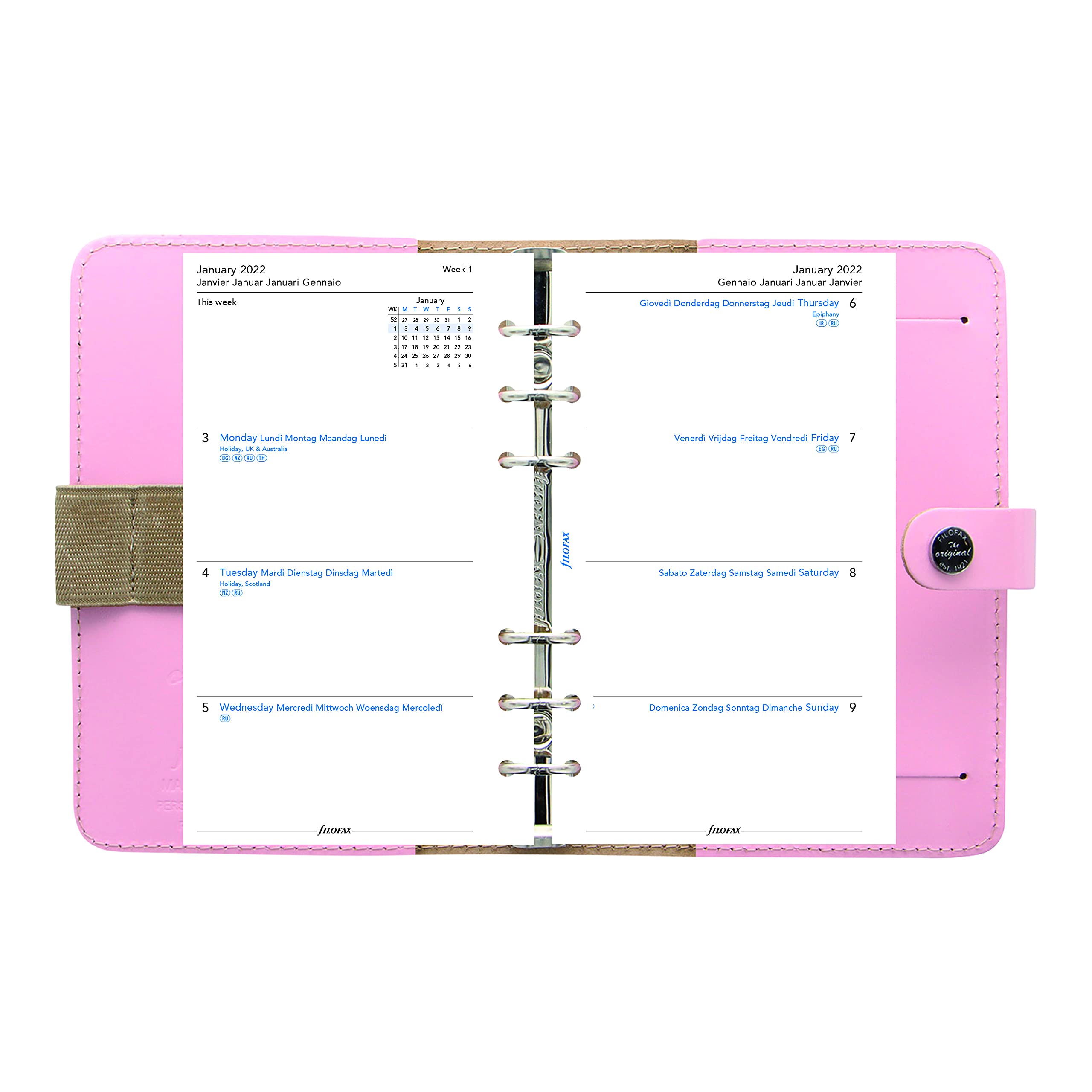 Filofax The Original Organizer, Personal Size, Patent Rose - Leather, Six Rings, Week-to-View Calendar Diary, Multilingual, 2022 (C022595-22)
