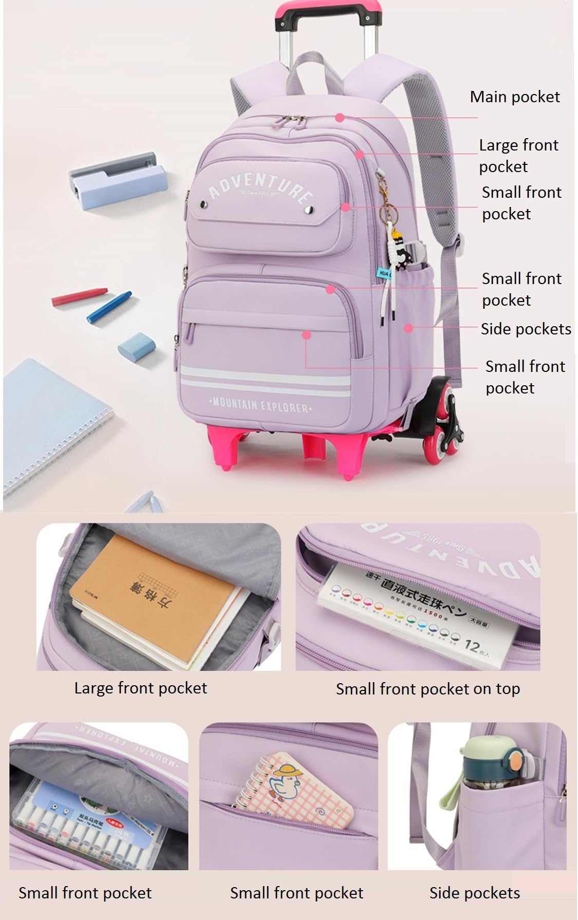 ETAISHOW Rolling Backpack for Girls Wheeled Bag Kids Trolley School Bag Roller Bookbag with Wheels Water-Resistant