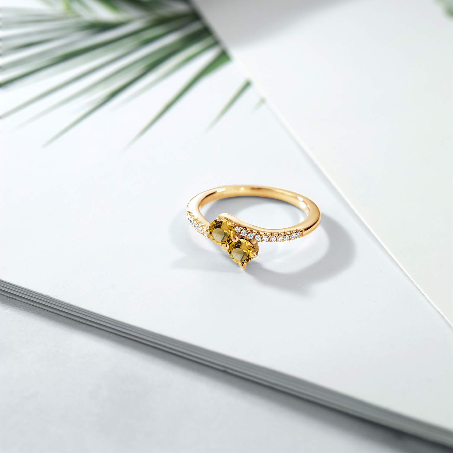 Gem Stone King 18K Yellow Gold Plated Silver Yellow Citrine Bypass Ring For Women | 0.75 Cttw | Gemstone November Birthstone | Round 4MM | Available In Size 5, 6, 7, 8, 9