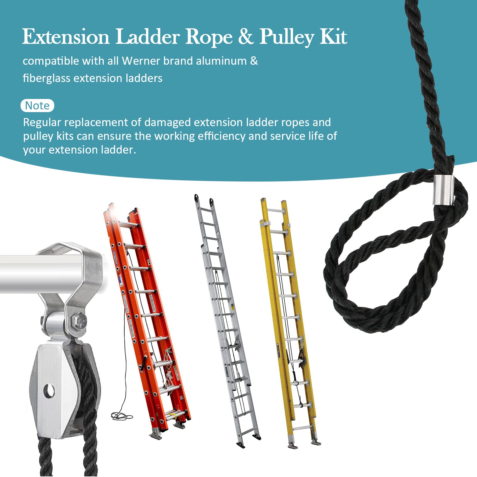 Extension Ladder Rope & Pulley Kit Compatible with Werner Aluminum Extension Ladder & Fiberglass Extension Ladders Replacement for Werner 31-12 Pulley Kit and AC30-2 Extension Ladder Rope