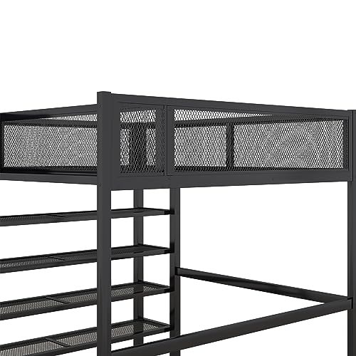 Loft Bed Multifunctionl Bed, Metal Full Size Loft Bed Frame with 4-Tier Open Shelves, Guardrail Side Storage Shelf and Mesh Guardrails, Kids Adults Bedroom Furniture High Loft Storage Bed (Black Bed)
