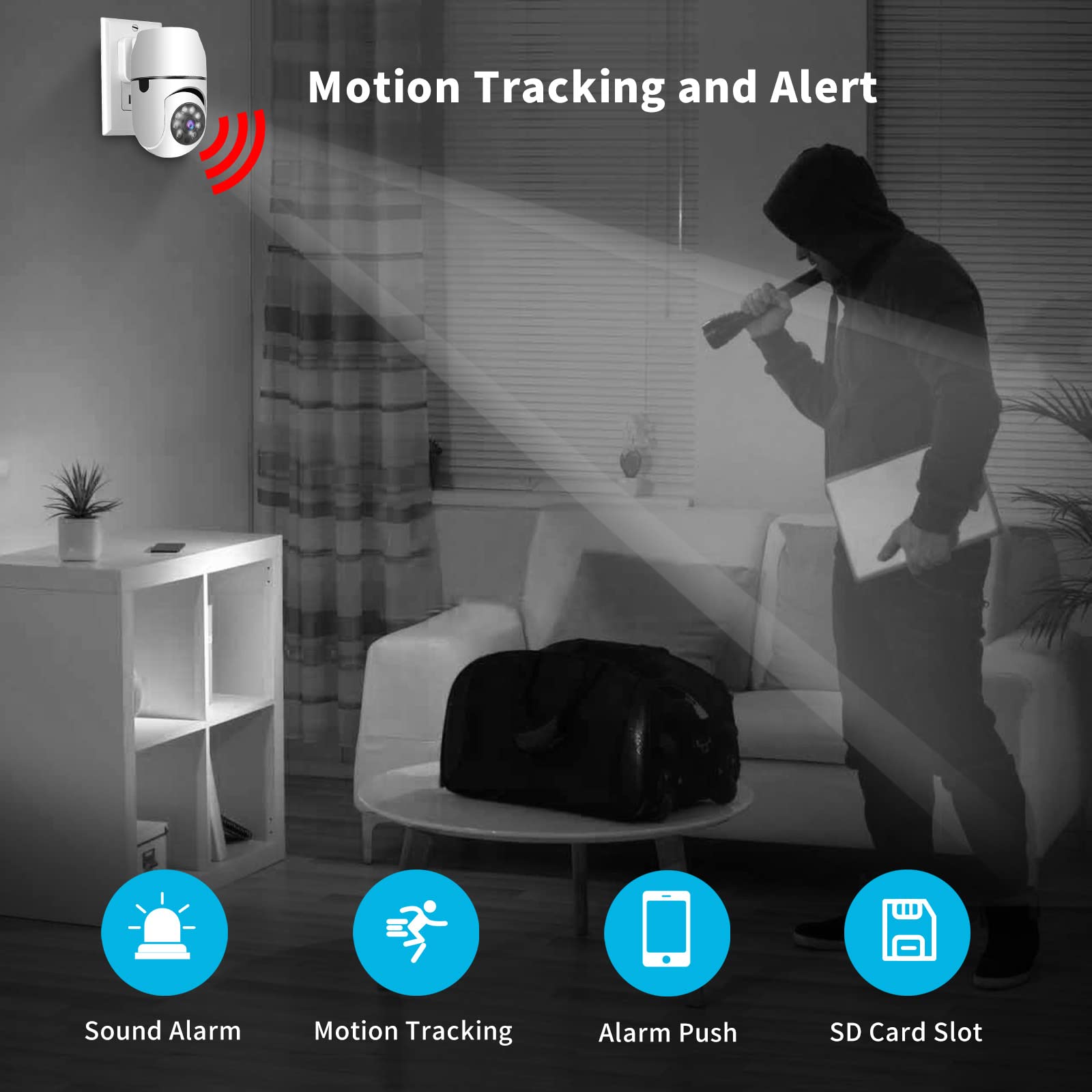 P Panoraxy Wireless Home Indoor Security Camera with Plug, 360° View 2.4G WiFi Baby Dog Camera, Motion Detection, Auto Tracking, Dual-Way Talk, HD 1080P Pan Tile Full Color Night Vision