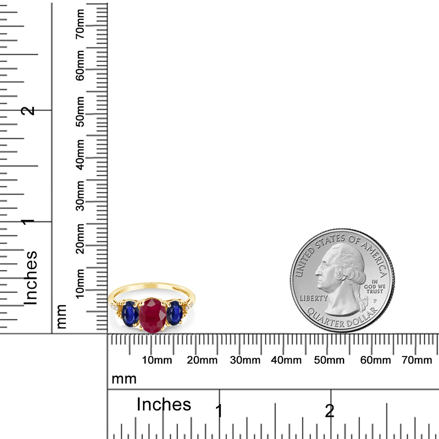 Gem Stone King 10K Yellow Gold Oval Red Ruby and Blue Sapphire Women 3 Stone Engagement Ring (5.29 Cttw, Gemstone Birthstone) (Size 8)