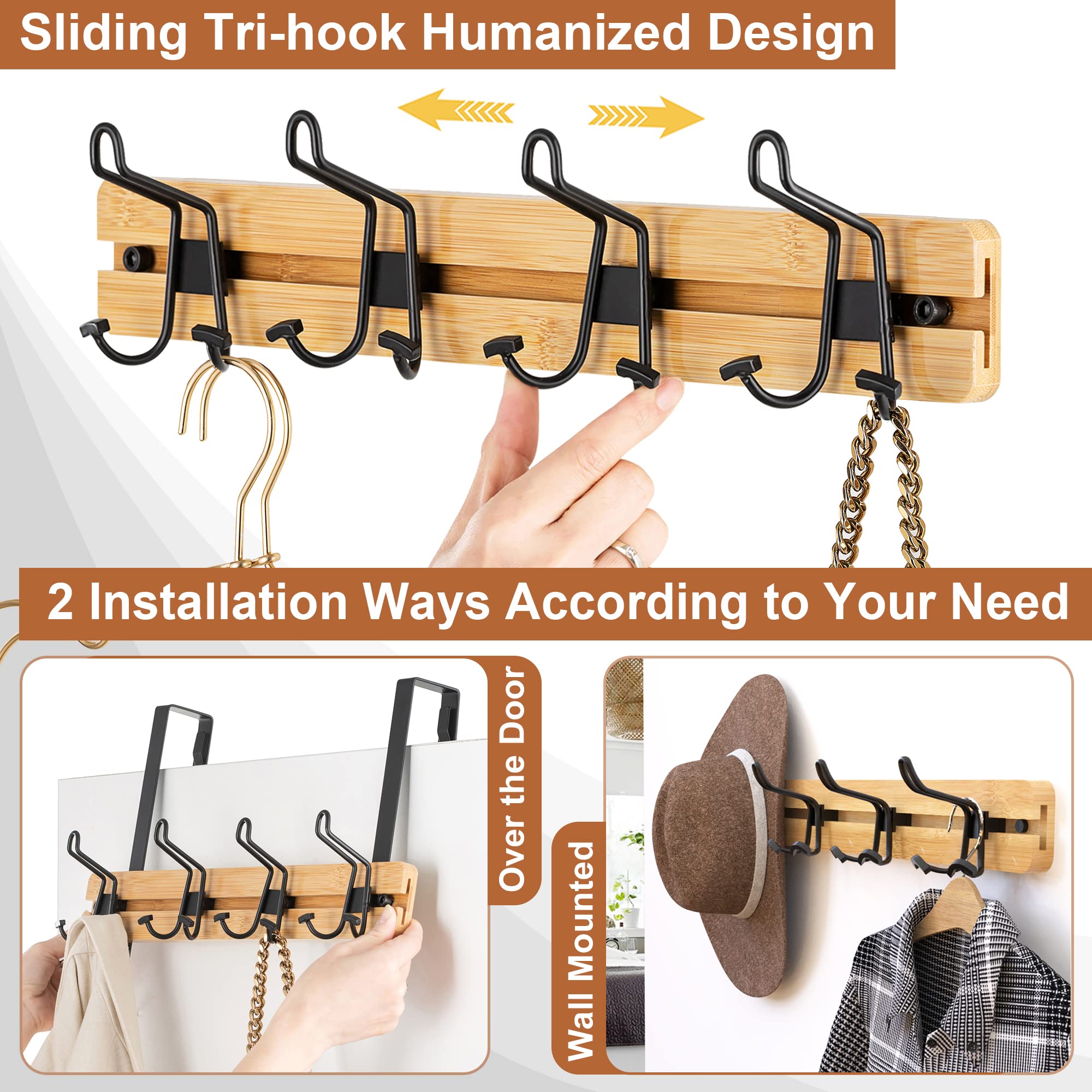 ETECHMART Bamboo Hanger with 4 Adjustable Tri Hooks for Hanging Clothes Hat Bag, Behind/Over The Door Towel Rack for Bathroom, Heavy Duty Wall Mounted Coat Rack, No Drilling, Walnut