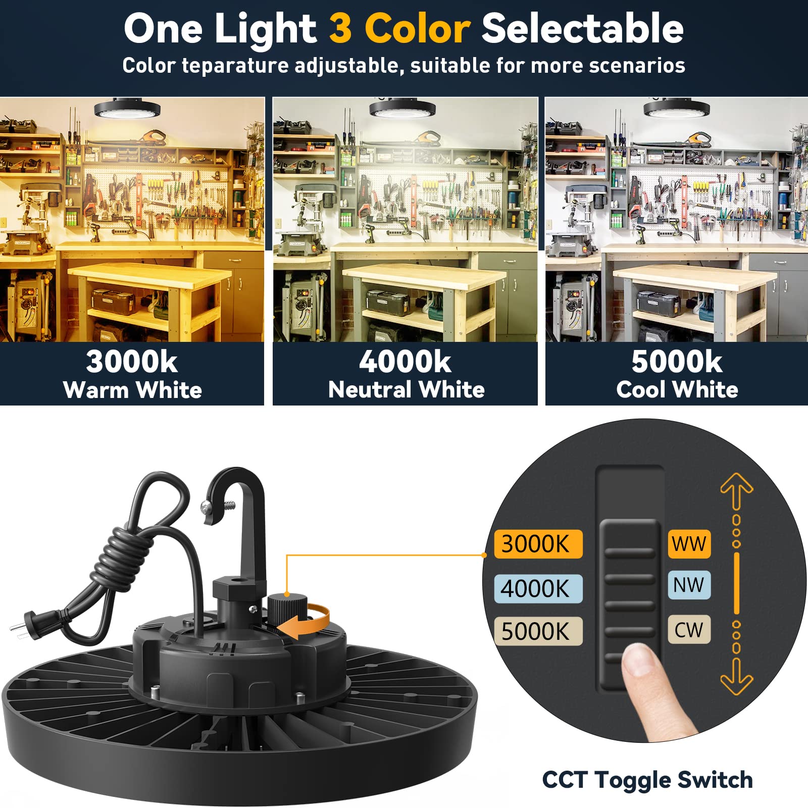 VANoopee 6 Pack 200W High Bay LED Lights 3000K 4000K 5000K Bright UFO LED High Bay Light Commercial Bay Lighting for Warehouse Workshop Barn Garage - 5' Cable with Plug, IP65 28000lm(800W MH/HPS Eqv.)