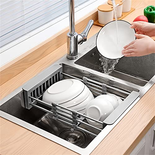 Stainless Steel Telescopic Drain Basket, Adjustable Dish Drying Rack Sink Strainer Drain Kitchen Basket for Dish Vegetable Fruit(8.66x11.41x3.14in)