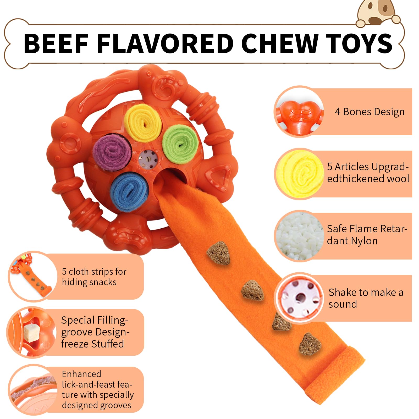 OUQEEING Dog Chew Toys with Beef Flavor Bite Resistant Toys Hidden Food Cloth Strips for Medium, Large Dog Interactive Trainning Treat,Durable Hard Toys for Aggressive Chewers,Teeth Cleanning