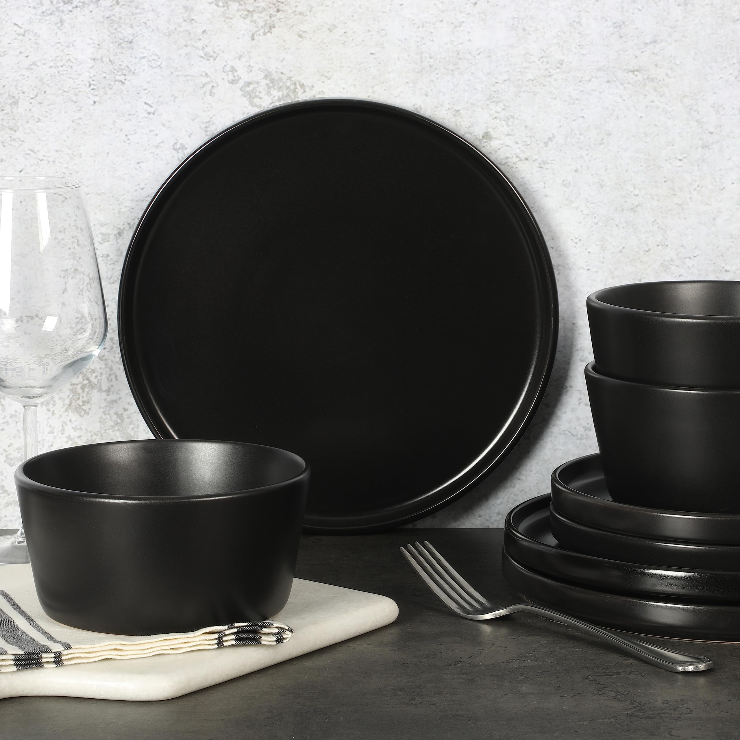 Gibson Soho Lounge Bowery 32 Piece Matte Black Stoneware Dinnerware Plates, Bowls, and Mugs Set - Service for 8