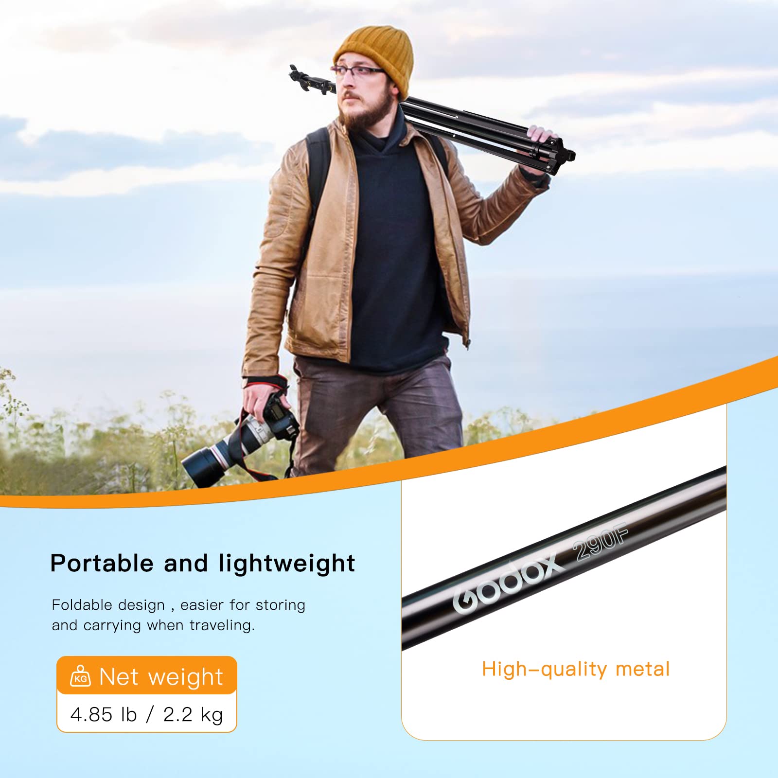 Godox Heavy Duty Aluminum Photography Light Tripod Stand for Studio Photography Lighting, Backgrounds, Monolights, Strobe Flash - 286CM, 112 Inches