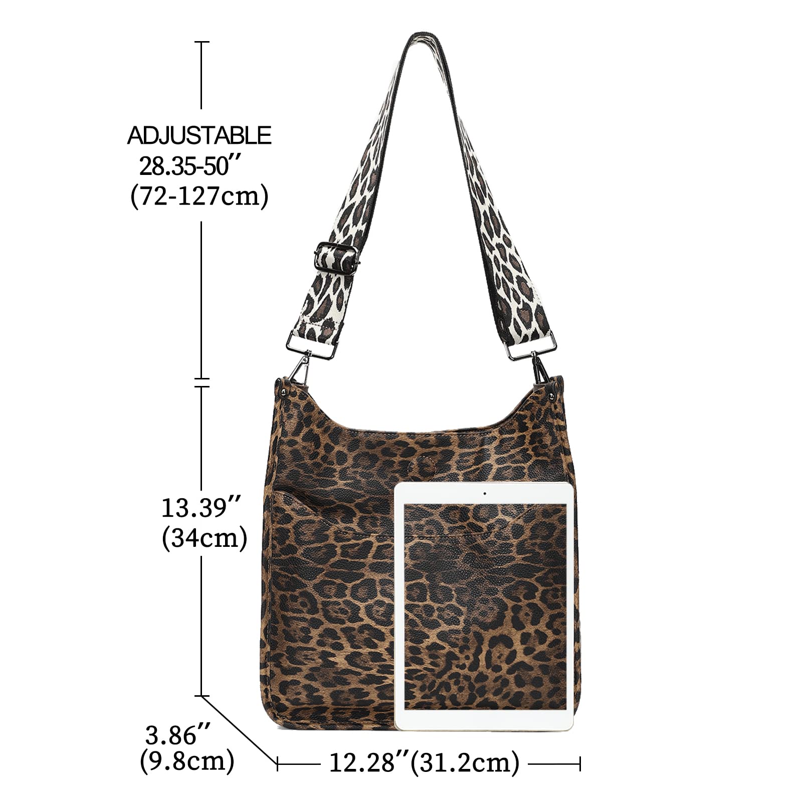 Hobo Handbags for Women PU Leather Designer Shoulder Purse Wide Strap Crossbody Bags (Brown Leopard)