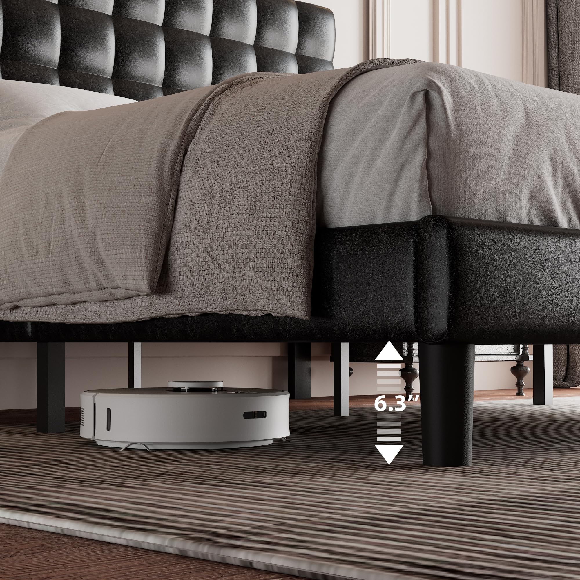 Feonase King Size Bed Frame with Square Stitched Headboard, Faux Leather Upholstered Platform Bed Frame, High-Density Sponge Filled, Solid Wood Slats, No Box Spring Needed, Noise-Free, Black